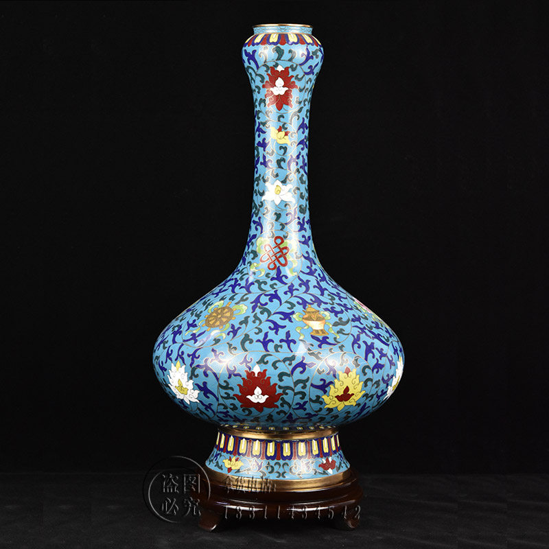 北京特色手工艺品景泰蓝花瓶15寸蒜头瓶铜胎镀金老货珐琅客厅摆件