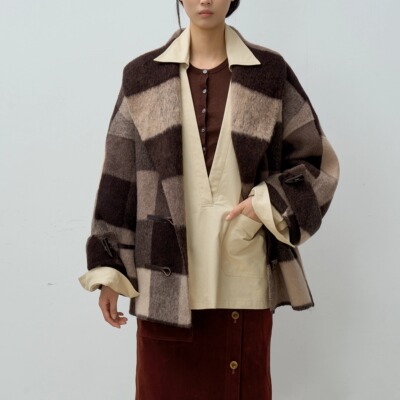 PIECE MIND秋冬羊驼毛咖格纹宽松中长款翻领呢子外套