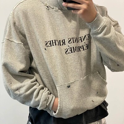 做旧破坏标语印花连帽卫衣短款