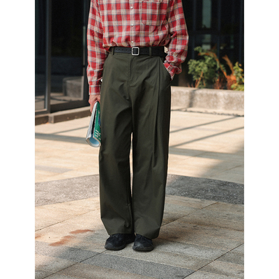 NOEARS秋季军绿色松紧腰宽松休闲裤日系cityboy设计款直筒长裤
