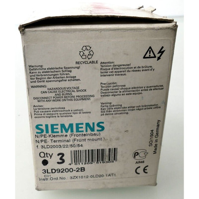 3x Siemens Neutralleiter-/PE-Klemme 3LD9 200-2B | E:01 | 3LD