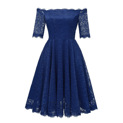 One line neckline mid sleeve lace large hem slim dress连衣裙