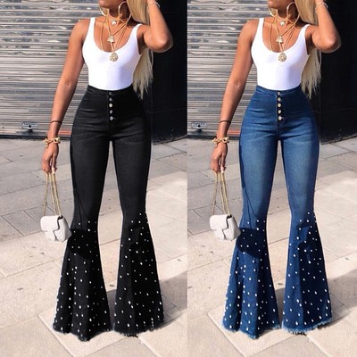 Women's High Waist Flare Jeans Button Tassel Pants Trousers