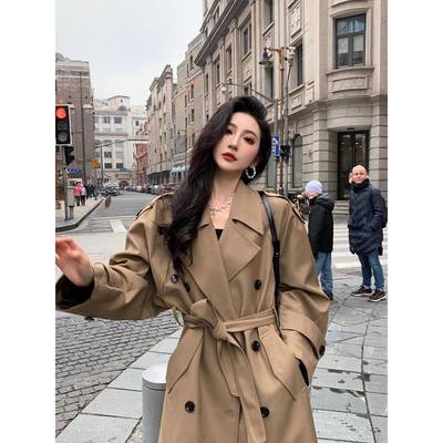 风衣外套女款2025新款巨好看廓形高个子双排扣长款气质卡其色大衣