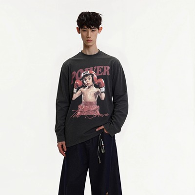 【哭泣男孩】美式纯棉小领口280G宽松印花短袖T恤情侣英文字母