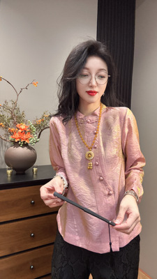 5330国风时尚人丝浮光锦斜襟衬衣新中式国风衬衫早春新款立领上衣