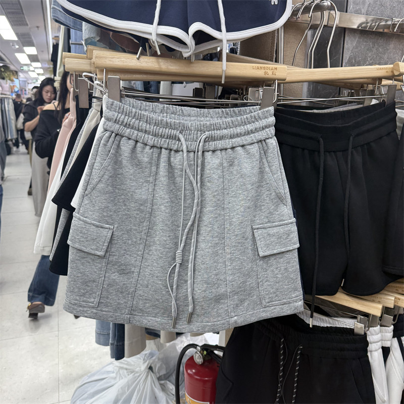 灰色松紧腰抽绳运动休闲卫裙女春夏大口袋工装短裙显瘦a字半身裙