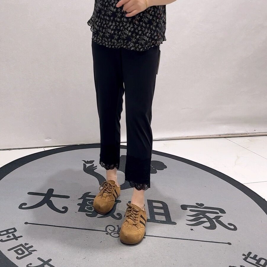 5306芮娜依莲夏款新品松紧腰裤腿拼接蕾丝设计舒适百搭显瘦休闲裤