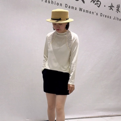 5062芮娜依莲秋款新品拼接蕾丝女人味气质长袖打底衫加大码女装