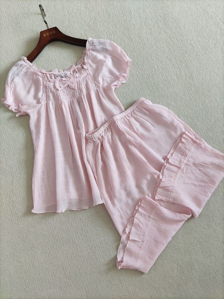 真丝顺纡绉纯色减龄睡衣套装桑蚕丝小清新短袖短裤两件套家居服夏