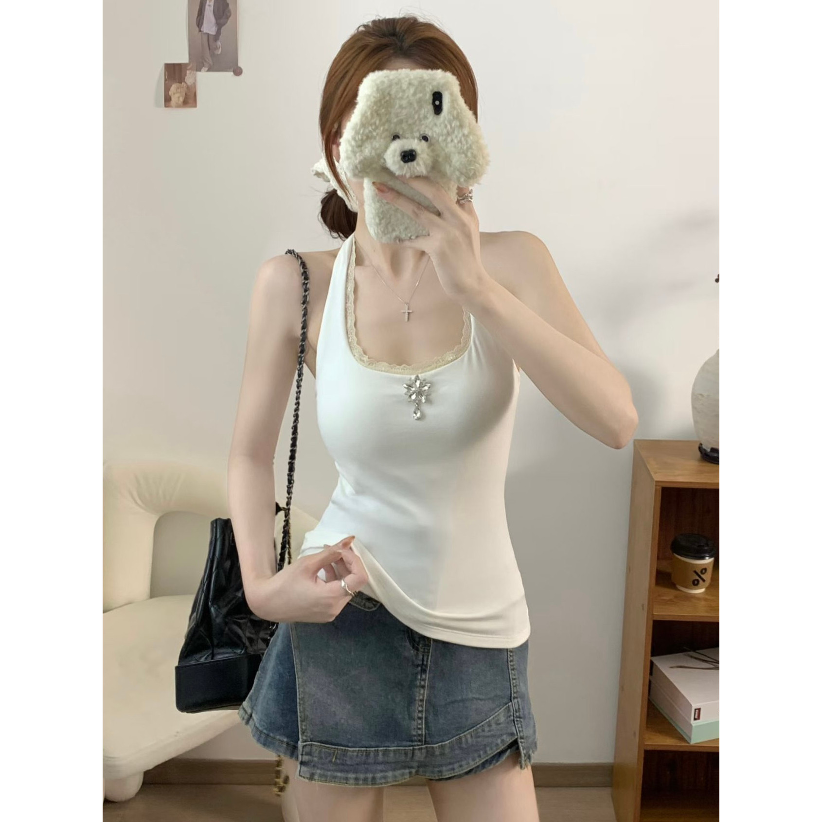 秋冬挂脖加绒吊带背心女显胸大外扩带胸垫蕾丝花边纯欲美背上衣