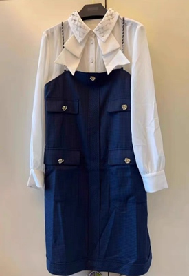 知恩正品轻奢春秋蓝格吊带连衣裙