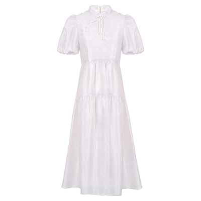 固执夏季新款中式立领盘扣泡泡袖高腰短袖连衣裙71432LQ08171