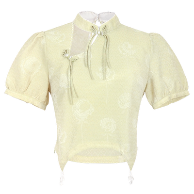 固执夏季新款中式立领提花泡泡短袖流苏短款小衫40932XS08124