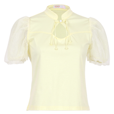 固执夏季新款复古立领镂空蕾丝拼接泡泡短袖T恤50832TX08224