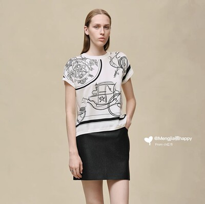 印花真丝拼接棉混纺针织短袖T恤