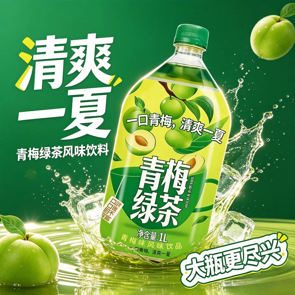 青梅绿茶瓶装1L大瓶批发柠檬味红茶清爽夏季果味茶饮料解腻餐饮