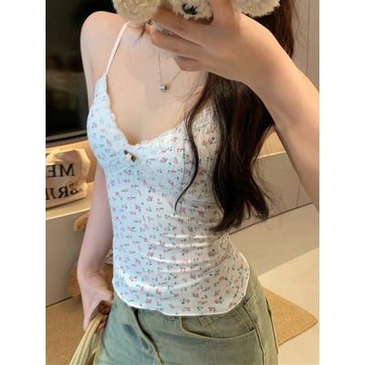 独特精致绝美bm风黑色碎花蕾丝带胸垫吊带背心女内搭打底美背上衣