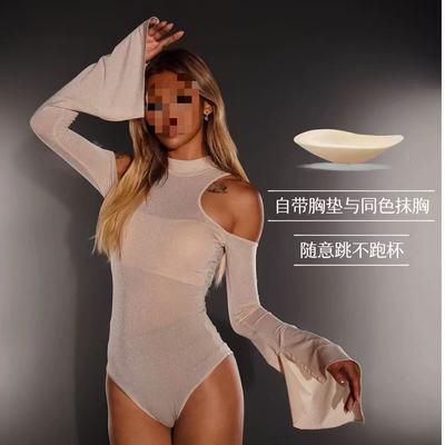 黑暗荣耀连体衣超长袖细闪露肩黑丝上衣heels显腿长舞蹈穿