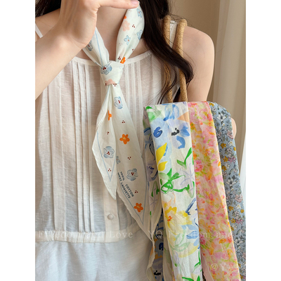 莫奈花园~100%棉奶油碎花三角巾丝巾女搭配衬衫系脖领巾森系配饰