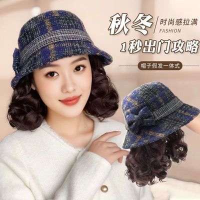 帽子保暖假发帽子秋冬季妈妈短卷发假发全头套假发一体时尚渔夫帽