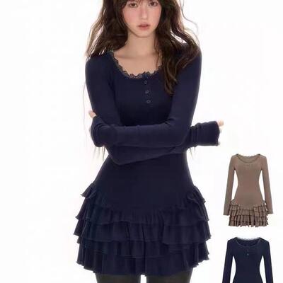 法式气质荷叶边长袖连衣裙女秋冬季新款百搭蛋糕裙内搭打底短裙