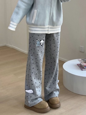 秋冬新款宅系松紧腰满印星星翅膀休闲加绒加厚熊猫刺绣直筒阔腿裤
