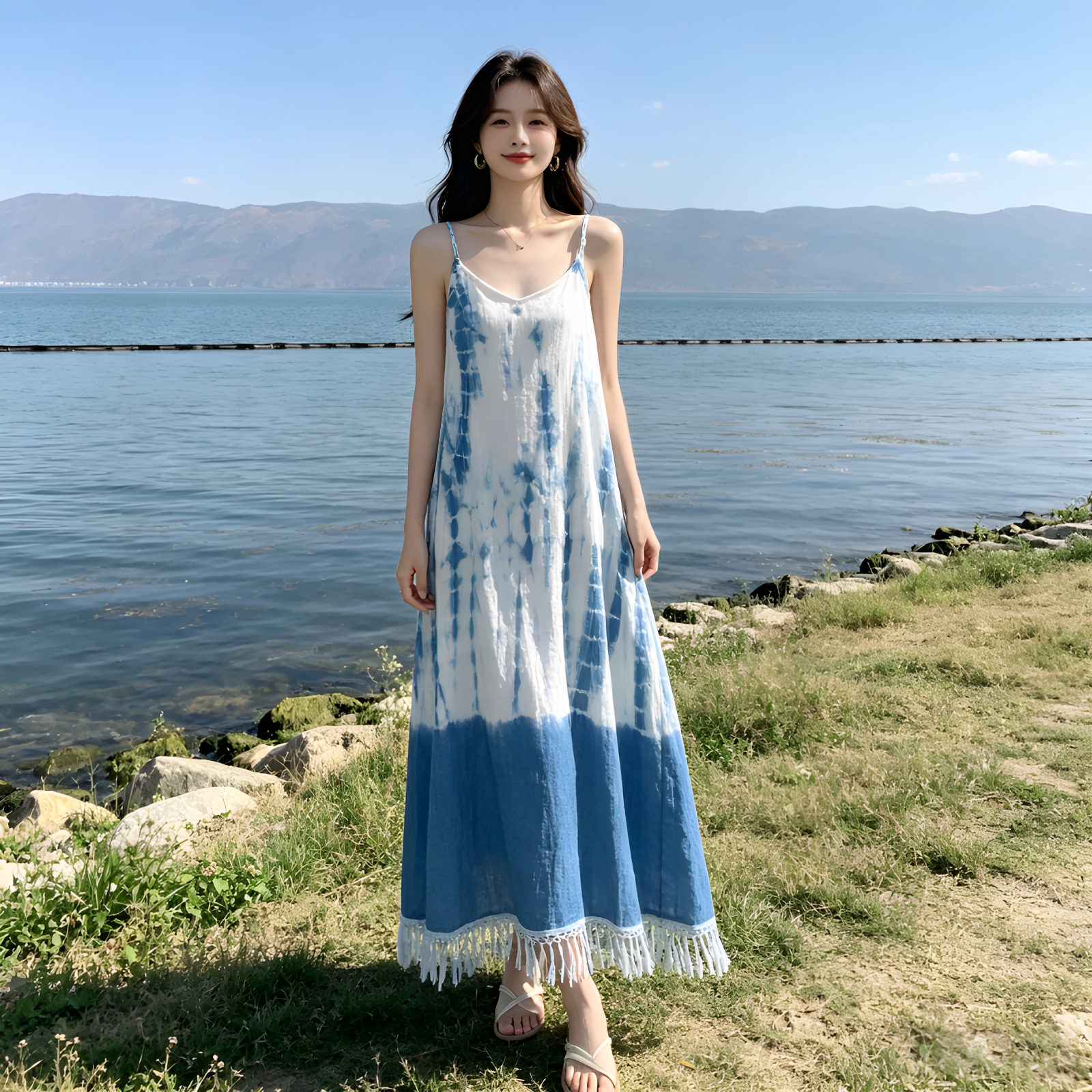 扎染V领吊带连衣裙女棉麻大摆流苏长裙沙滩出游民族风气质长裙子