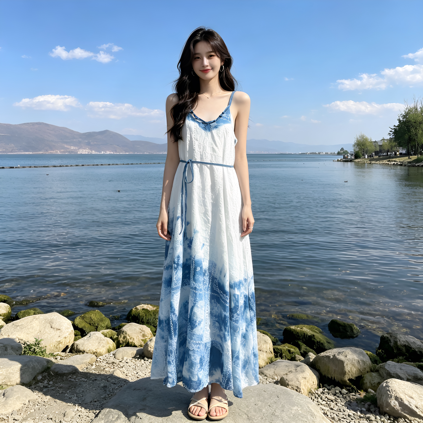 大理扎染吊带连衣裙长款女夏季镂空刺绣吊带裙子宽松遮肉收腰长裙