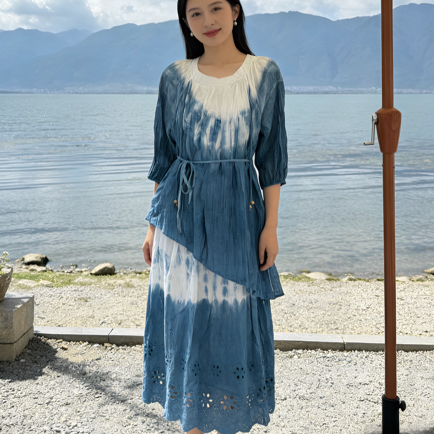 原创设计扎染裙子七分袖假两件连衣裙女春夏新款系带收腰显瘦长裙