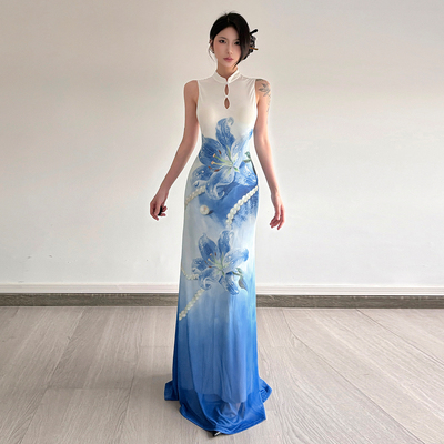 清幽渐变新中式百合网纱旗袍裙