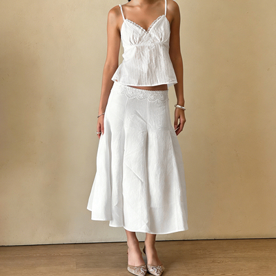 南法假日花边拼接低腰百褶半裙