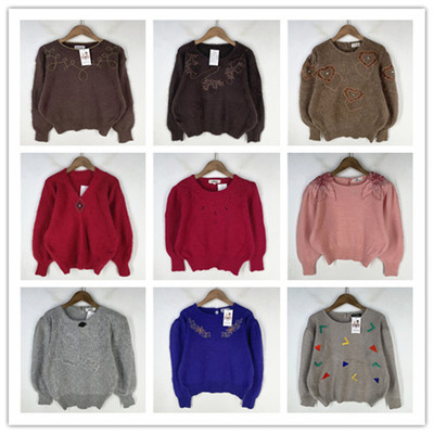 复古着vintage外贸精选田园风甜美系钉珠绣花安哥拉兔绒毛衣X3563