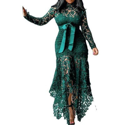 plus size party dress women 新款欧美外贸女装wish蕾丝镂空长袖