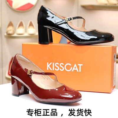 接吻猫春款粗跟玛丽珍鞋漆皮单鞋