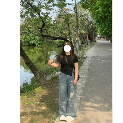 大码女装胖mm高腰直筒阔腿牛仔裤