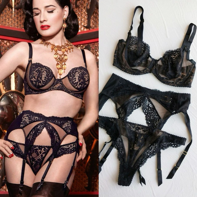 蒂塔Dita Von Teese Fauve 蕾丝性感复古超薄文胸内衣套装吊袜带