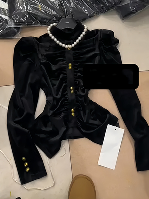 名媛气质时尚金丝绒立领长袖衬衫