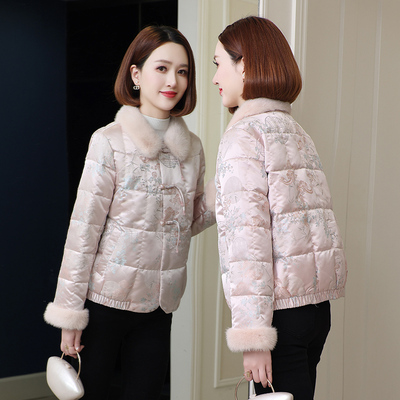 新中式短款翻领水貂毛领羽绒服女