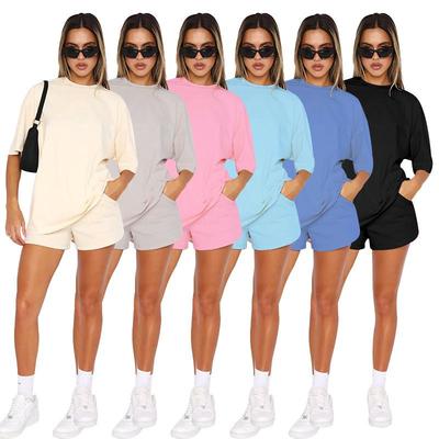 Solid color round neck women's fashion casual shorts set