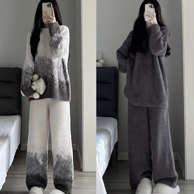 可外穿家居服珊瑚绒睡衣女冬季加厚保暖秋冬款毛绒半边绒两件套装