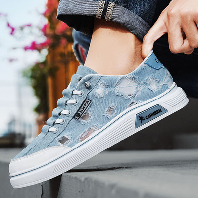 帆布男鞋2025新款夏季透气休闲百搭板鞋青少年内增高破洞乞丐布鞋