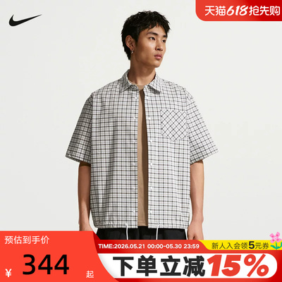 NIKE耐克男短袖运动T恤夏宽松休闲透气格子纹翻领衬衫IR7577-009