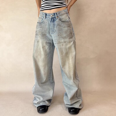 TheDINA|2026新款美式vibe脏染泥染做旧直筒宽松高腰阔腿牛仔裤