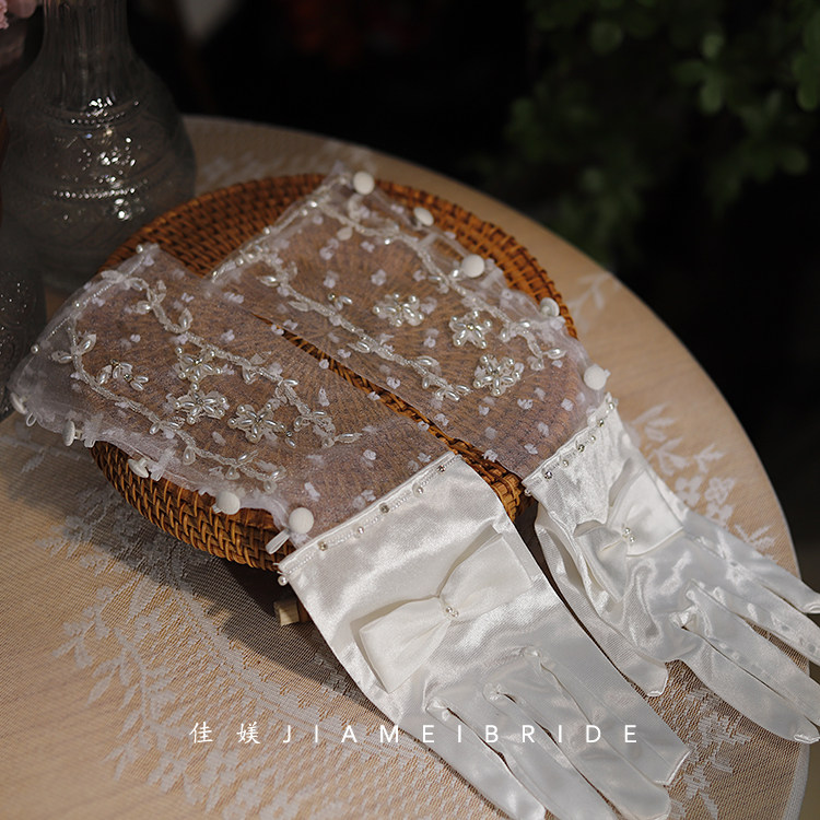 原创手工串珠刺绣长款蕾丝拼接手套新娘结婚婚纱礼服写真摄影配饰