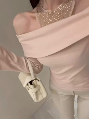 kubiliv【撩心嗲妹】水钻网纱挂脖一字肩纯欲内搭打底针织衫上衣