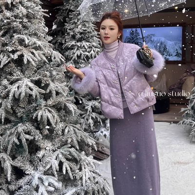 国风高级感拼接狐狸毛袖羽绒服女