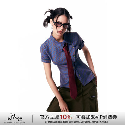 JIKOO短袖格子正肩衬衫女