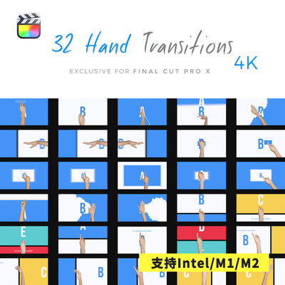 FCPX插件Hand Transitions擦除平移缩放滚动手势动画转场预设33个