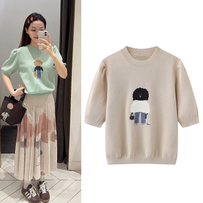 2026年春季甜美复古童趣卡通提花棉混纺圆领泡泡袖针织短袖上衣女